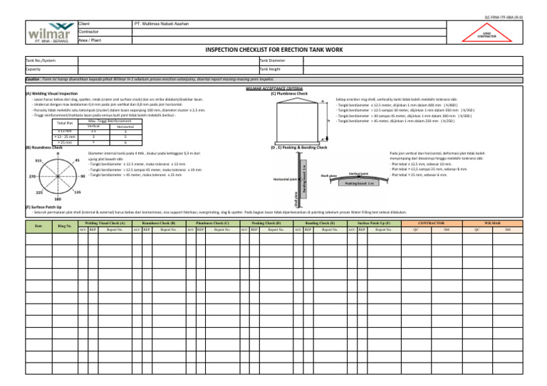 Checklist Inspeksi Erection Tangki | PDF