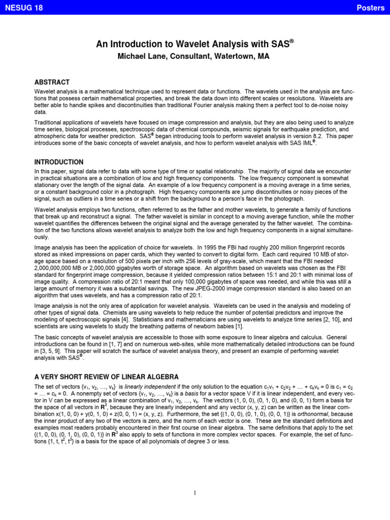 An Introduction To Wavelet Analysis With SAS | PDF | Wavelet | Vector Space An Introduction To Wavelet Analysis With SAS | PDF | Wavelet | Vector Space