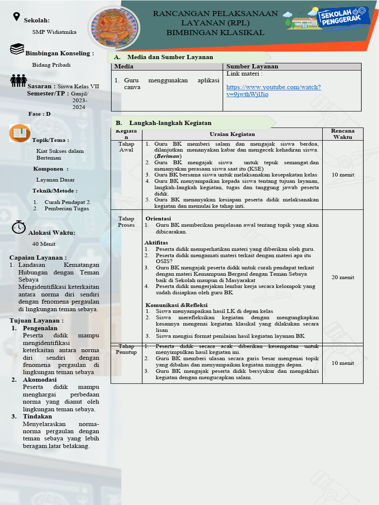 Rencana Layanan Bimbingan Kelas VII | PDF | Karier & Perkembangan