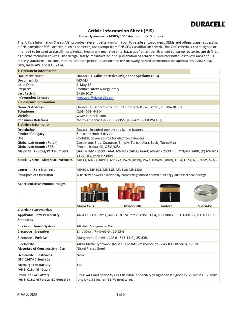 Duracell Alkaline Batteries MSDS AIS Safety Sheet | PDF | Energy ...