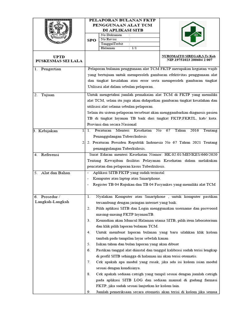 Sop Pelaporan Bulanan FKTP Pasien TB Di Sitb | PDF