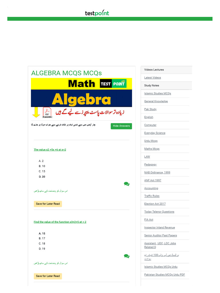 Algebra Mcqs 6 Pdf Multiple Choice Science