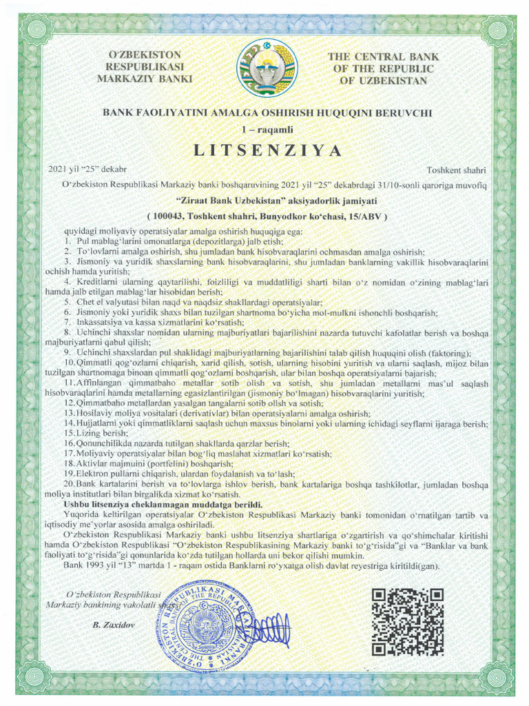 Bankning Yangi Litsenziyasi 1 | PDF