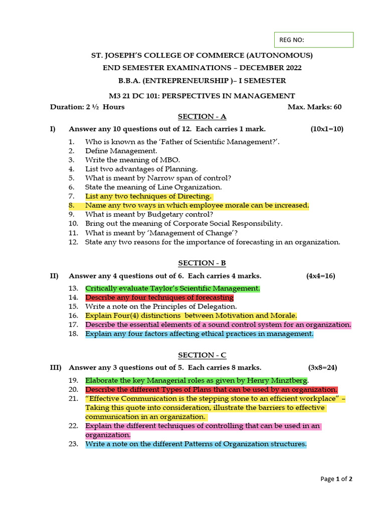 Sample Paper of Pim 1st Year | PDF | Business Economics | Economies