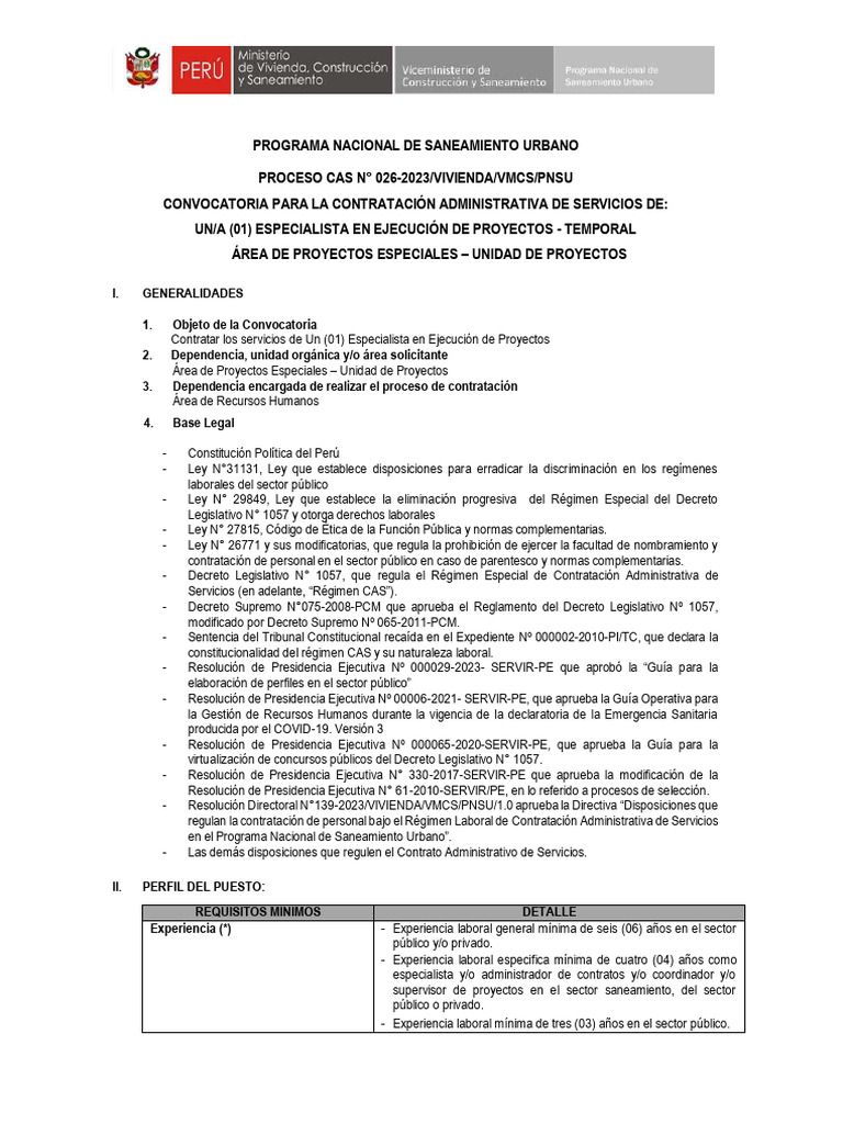 BASES CAS 026-2023 - Especialista en Ejecución de Proyectos | PDF