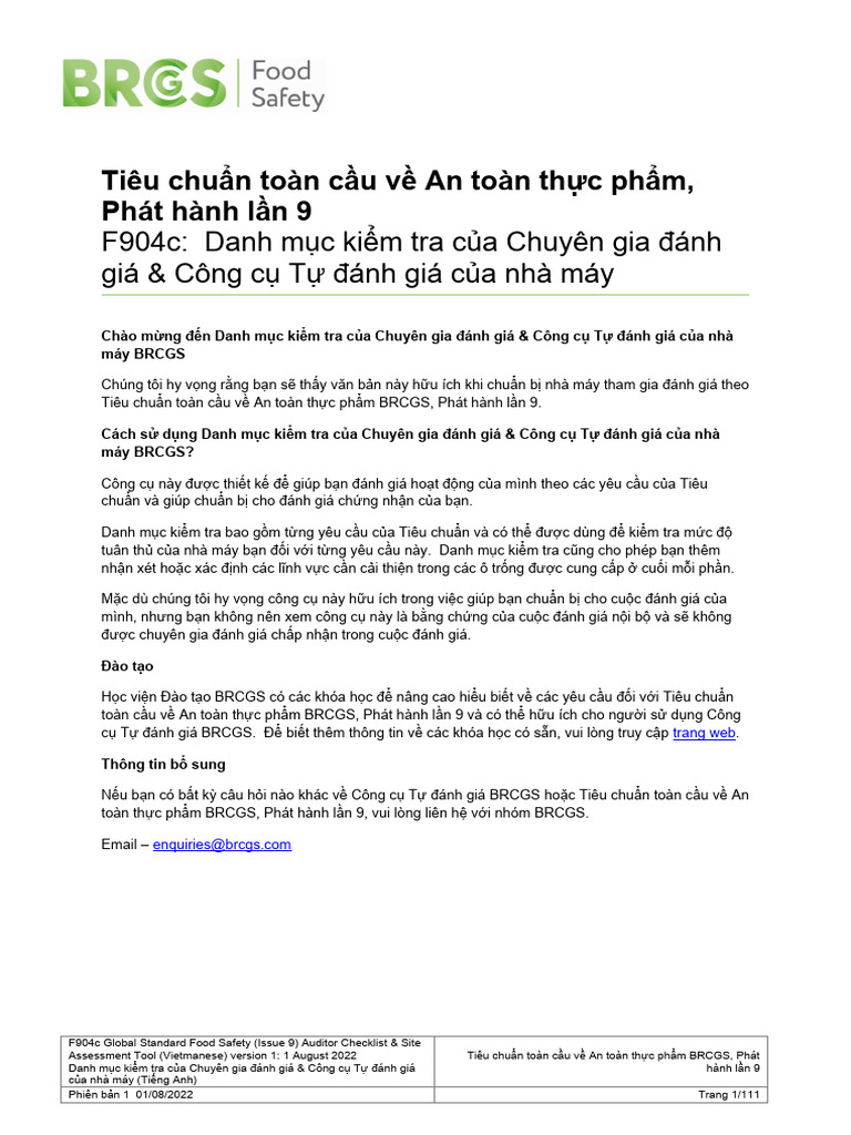 Checklist BRC Ver 9 | PDF