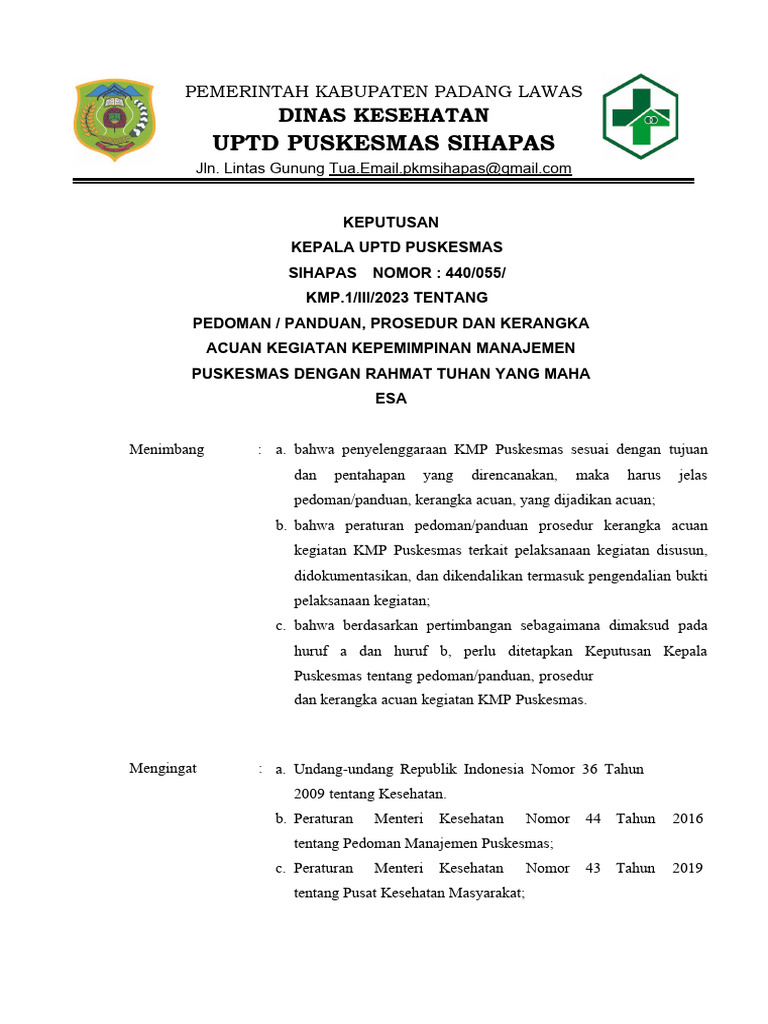 SK Pedoman, Panduan, Prosedur Dan Kak Kegiatan KMP | PDF