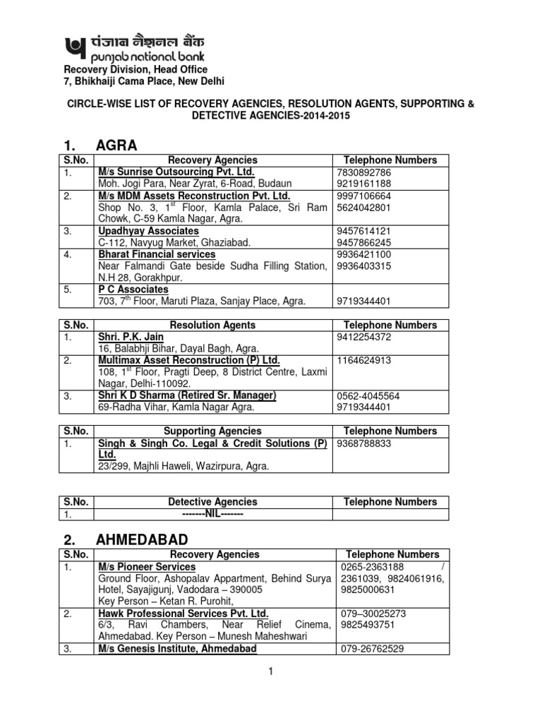 Recovery Agencies List 2014-15 | PDF