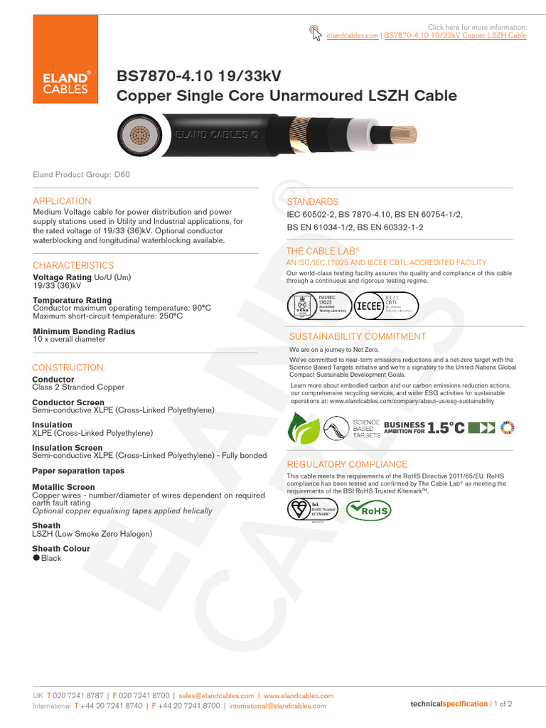 bs7870 4 10 19 33kv LSZH Copper Cable | PDF | Electrical Conductor | Insulator (Electricity)