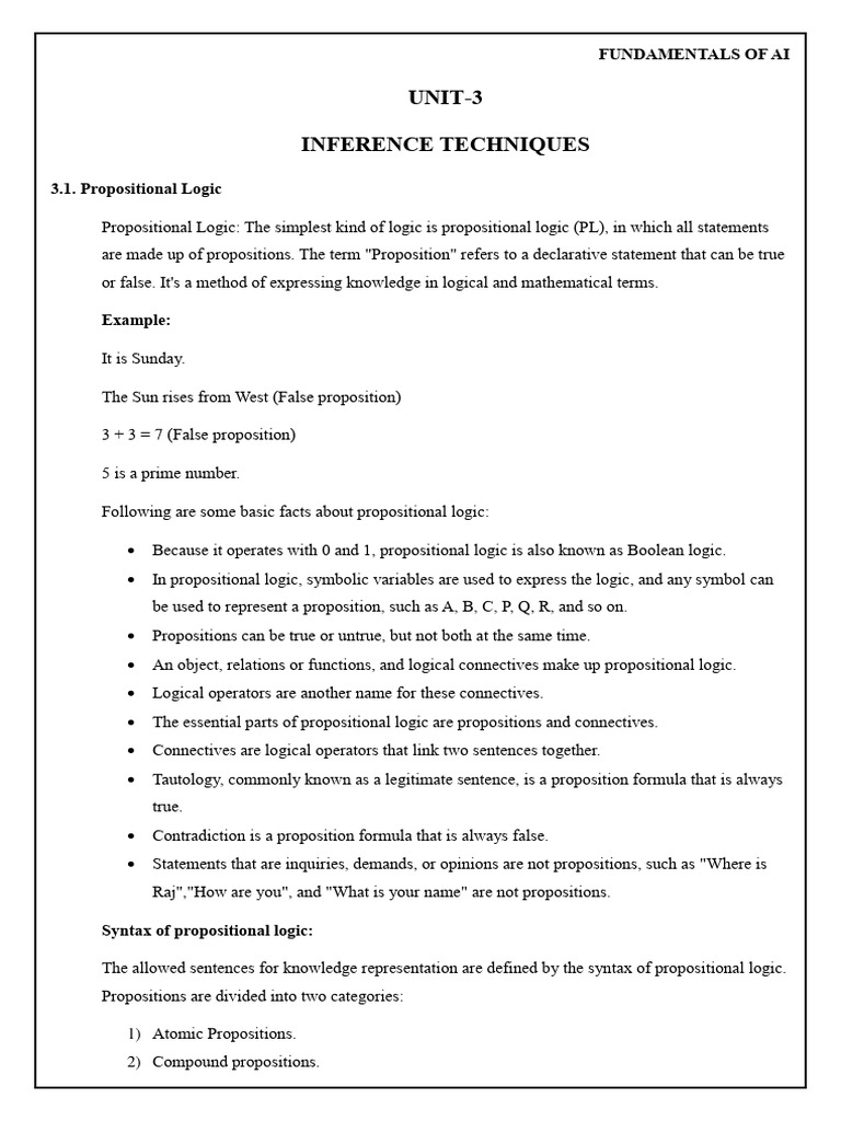 Fundamentals of AI Unit-3 Notes | PDF | First Order Logic | Logic