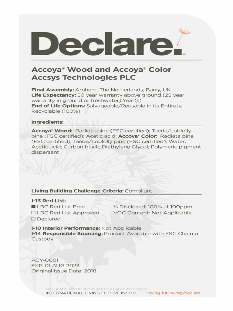 Declare Accoya Wood Accsys Technologies | PDF