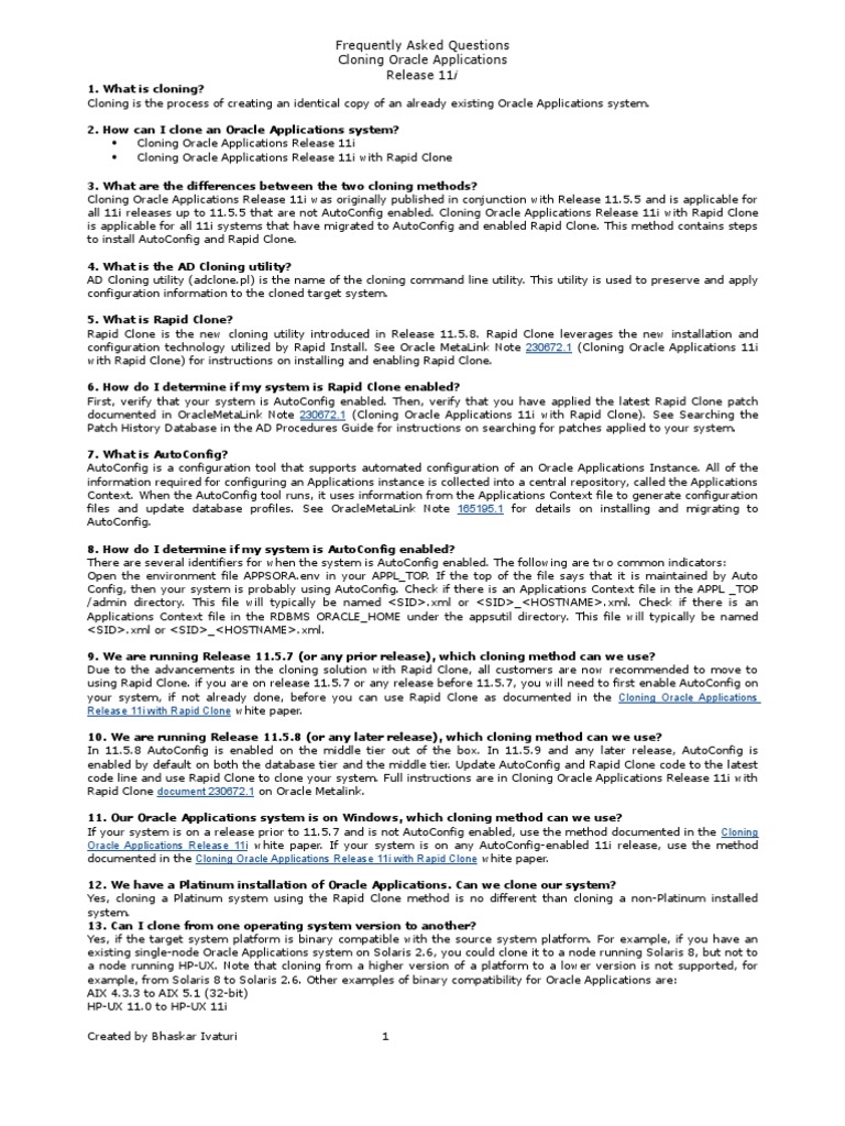 Frequently Asked Questions Cloning Oracle Applications Release 11i Pdf Oracle Database