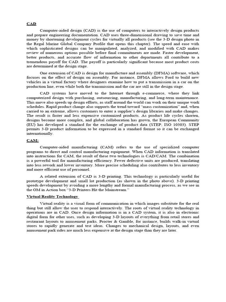 Cad, Cam, Virtual Reality Technology | PDF | Computer Aided Design | 3 D Printing
