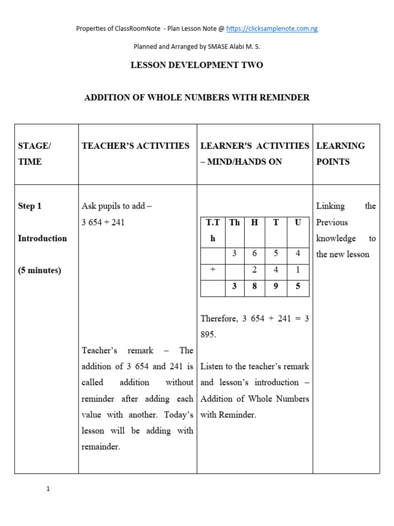 Addition of Whole Numbers With Reminder | PDF | Learning | Cognitive ...