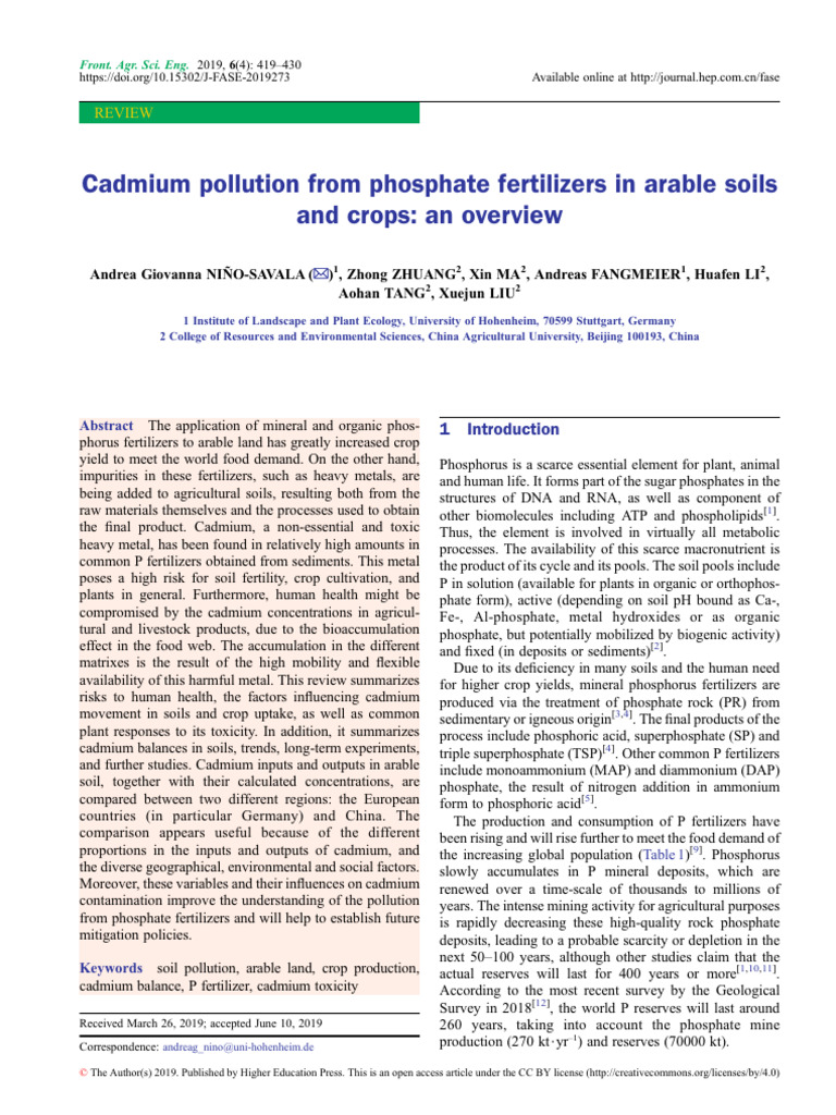 Cadmium Pollution From Phosphate Fertilizers in Arable Soils and Crops ...