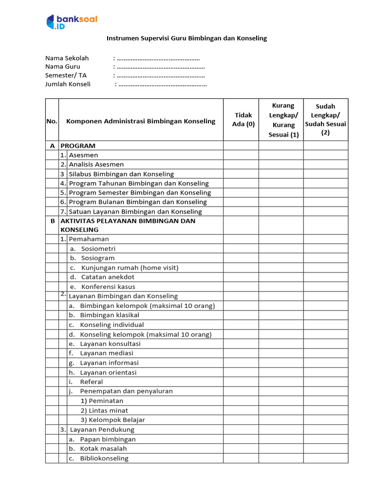Instrumen Supervisi Guru Bimbingan Dan Konseling | PDF