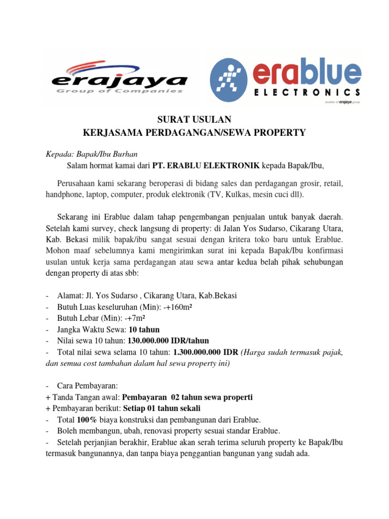 Surat Usulan Kerja Sama Properti (Pak Burhan) | PDF