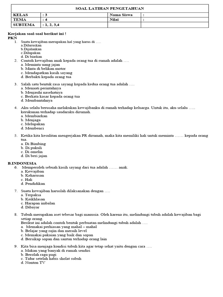 Soal Uh Tema 4 SB TM 1-4 | PDF