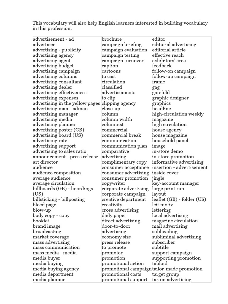 Vocabulary For Ads | PDF | Advertising | Business Economics