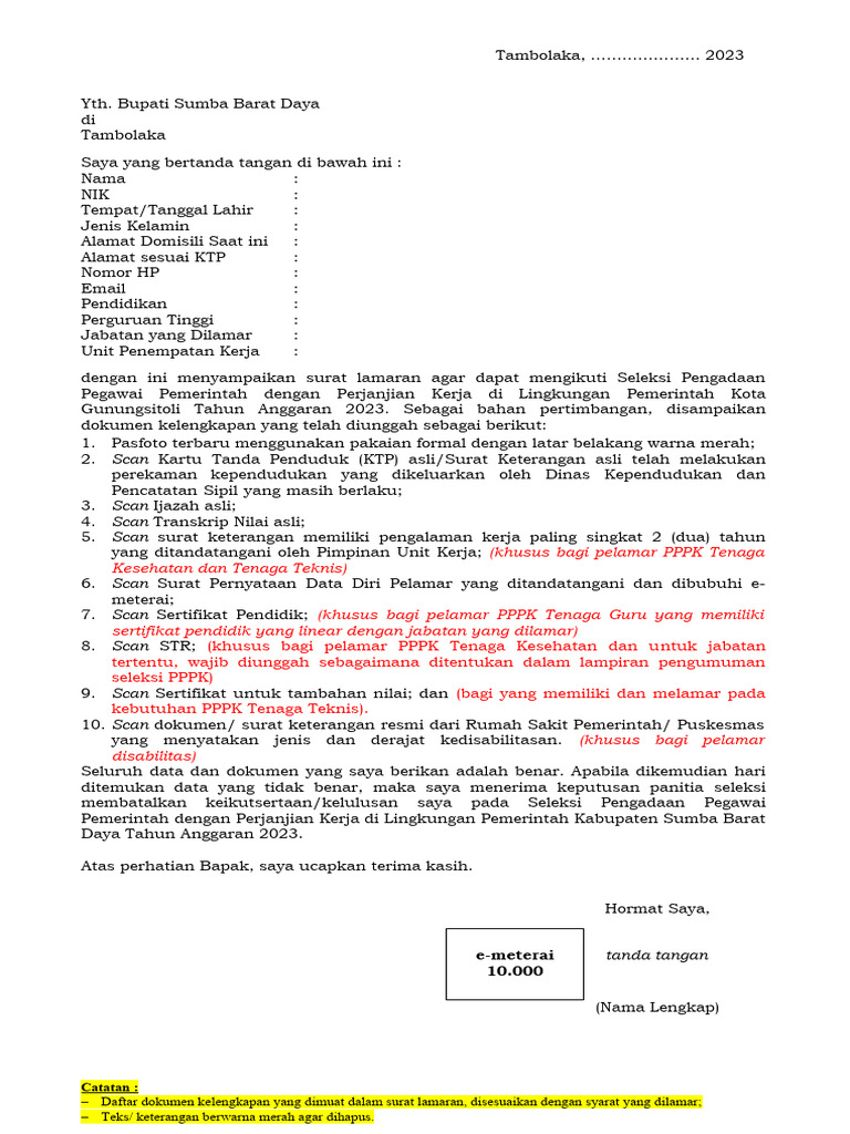 Format Surat Lamaran PPPK - SBD - 2023 | PDF