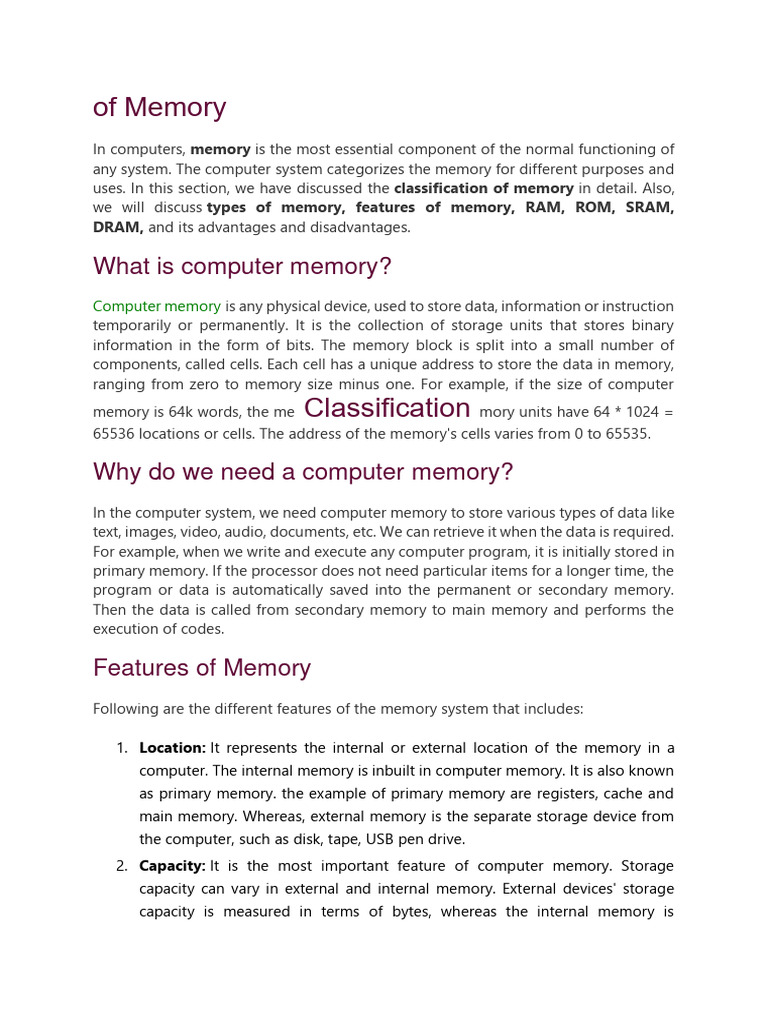 Classification Of Memory Pdf Random Access Memory Computer Data 