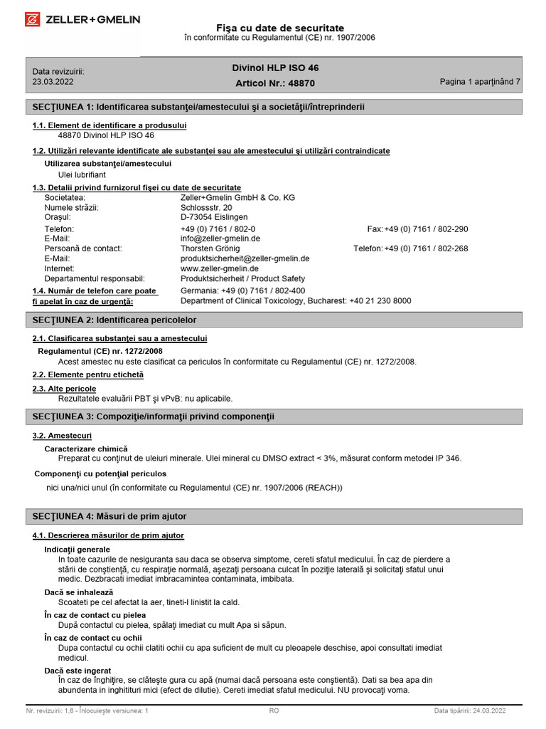 Fisa Tehnica Cu Date de Securitate - Divinol HLP ISO 46 | PDF