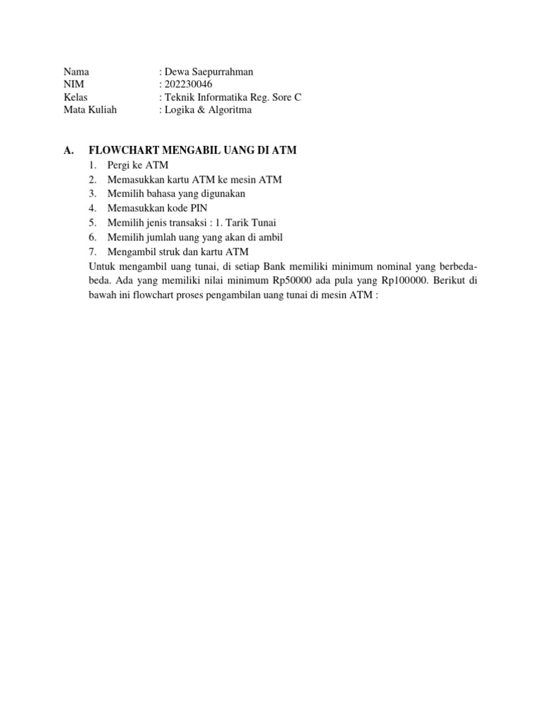 Tugas 3 Pseudocode Mengambil Uang Di ATM Dewa Saepurrahman 202230046 | PDF