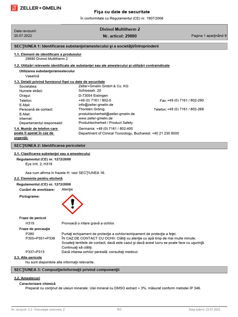 Fisa Tehnica Cu Date de Securitate - Divinol Multitherm 2 SDS - 29880 - RO | PDF