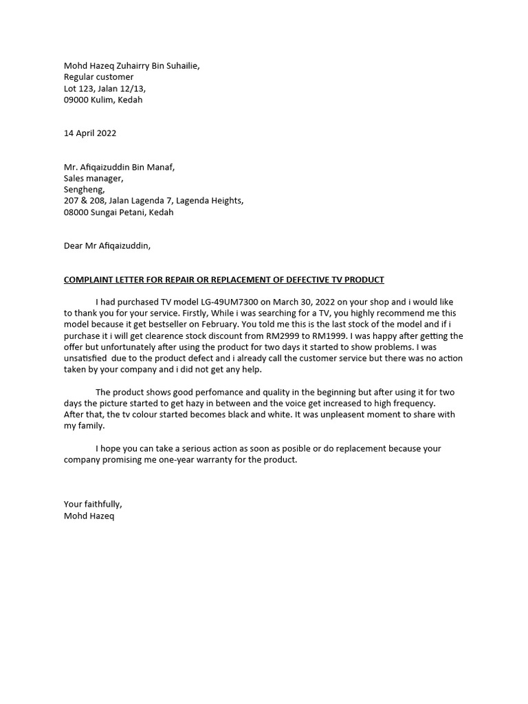 Complaint Letter For Repair or Replacement of Defective TV Product | PDF