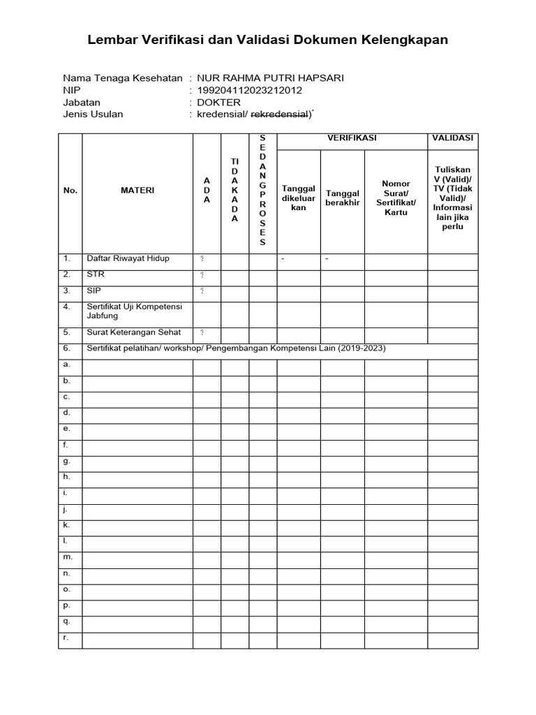 Lembar Verifikasi Dan Validasi Dokumen Kelengkapan | PDF