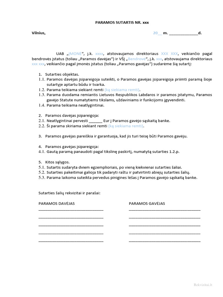 Paramos Sutartis Bendrinė Forma | PDF