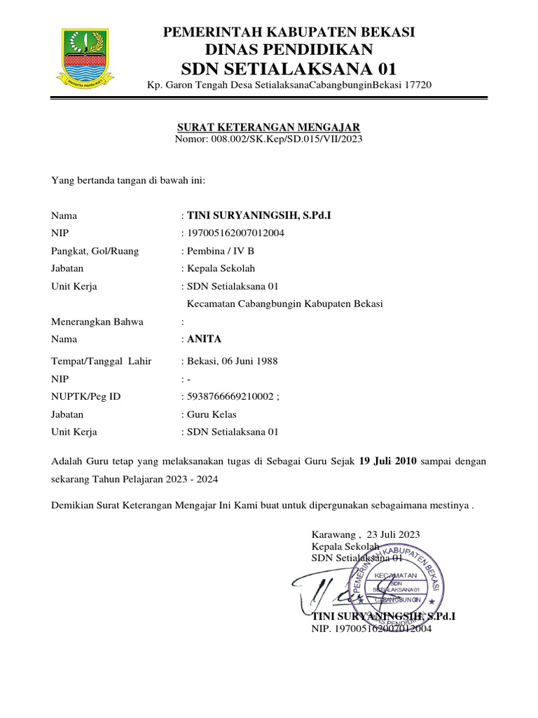 Surat Keterangan Mengajar (Contoh Form Ganti Yg Blok Merah) | PDF