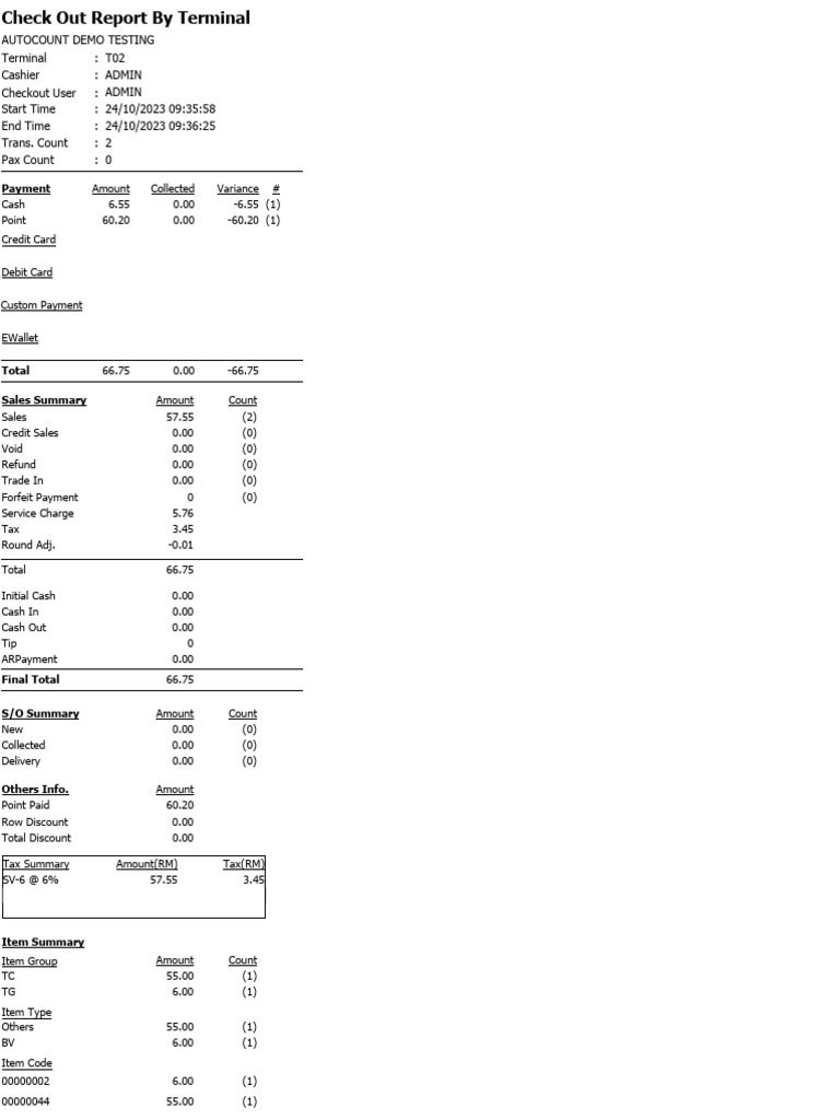 Z Report Summary for Terminal T02 | PDF