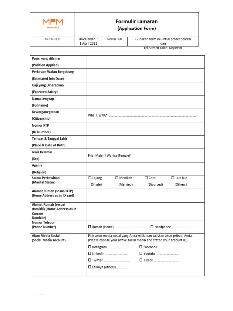 Formulir Lamaran Karyawan MPM Insurance | PDF