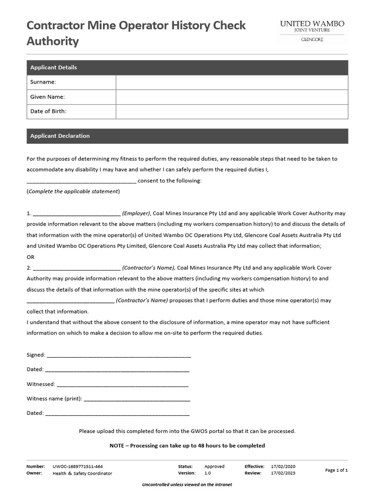 United Wambo JV - Contractor Mine Operator History Check Authority ...