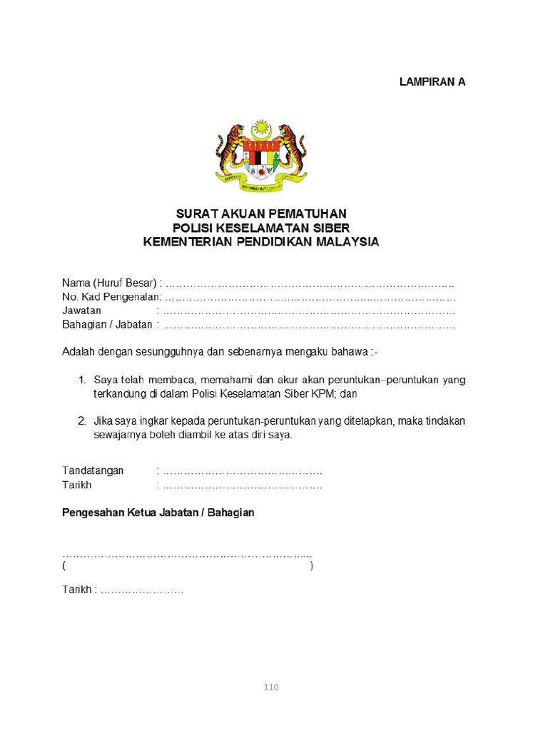 Surat Akuan Pematuhan Polisi Keselamatan Siber KPM | PDF