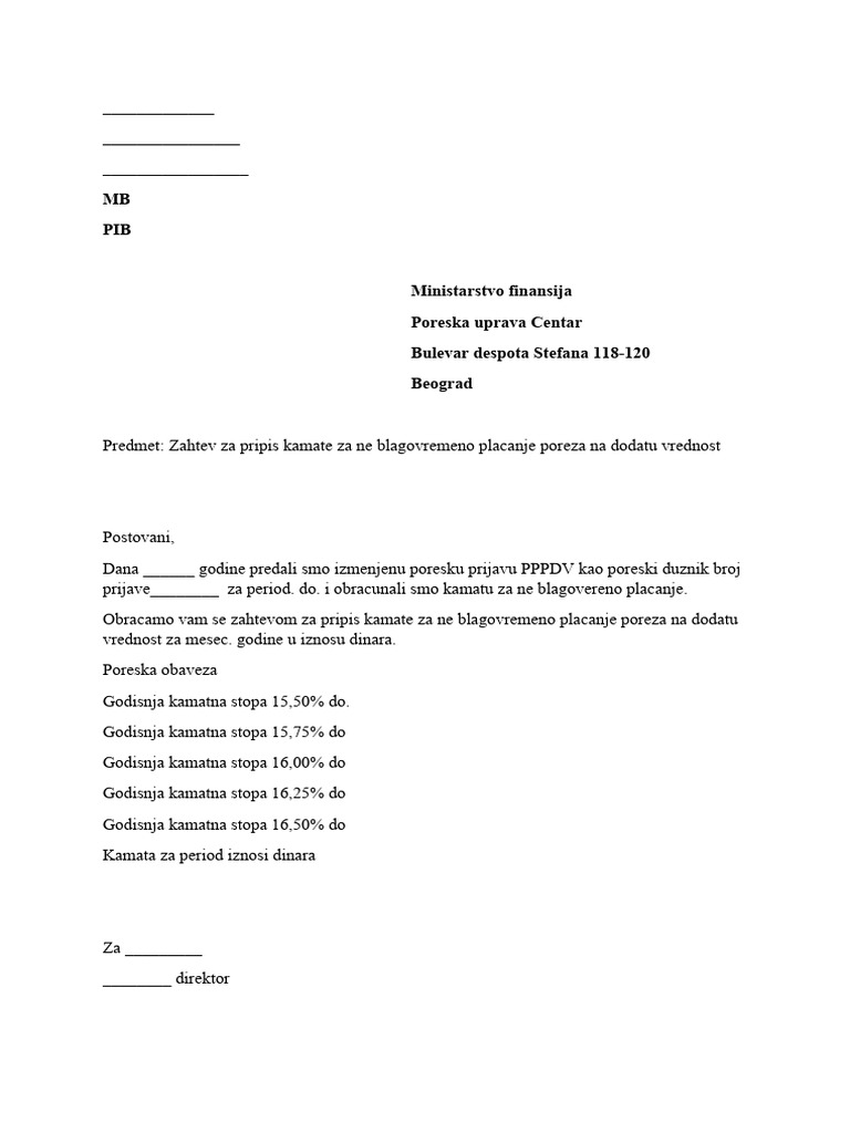 Zahtev Za Pripis Kamate | PDF