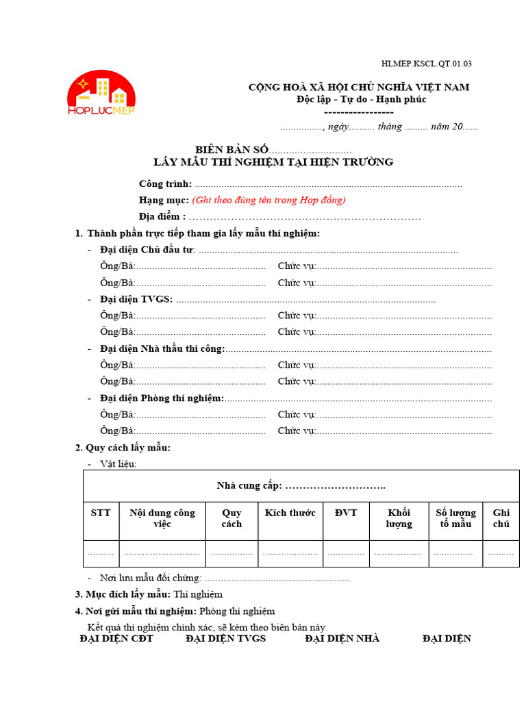 HLMEP.KSCL.QT.01.03-Biên bản lấy mẫu thí nghiệm ngoài hiện trường | PDF