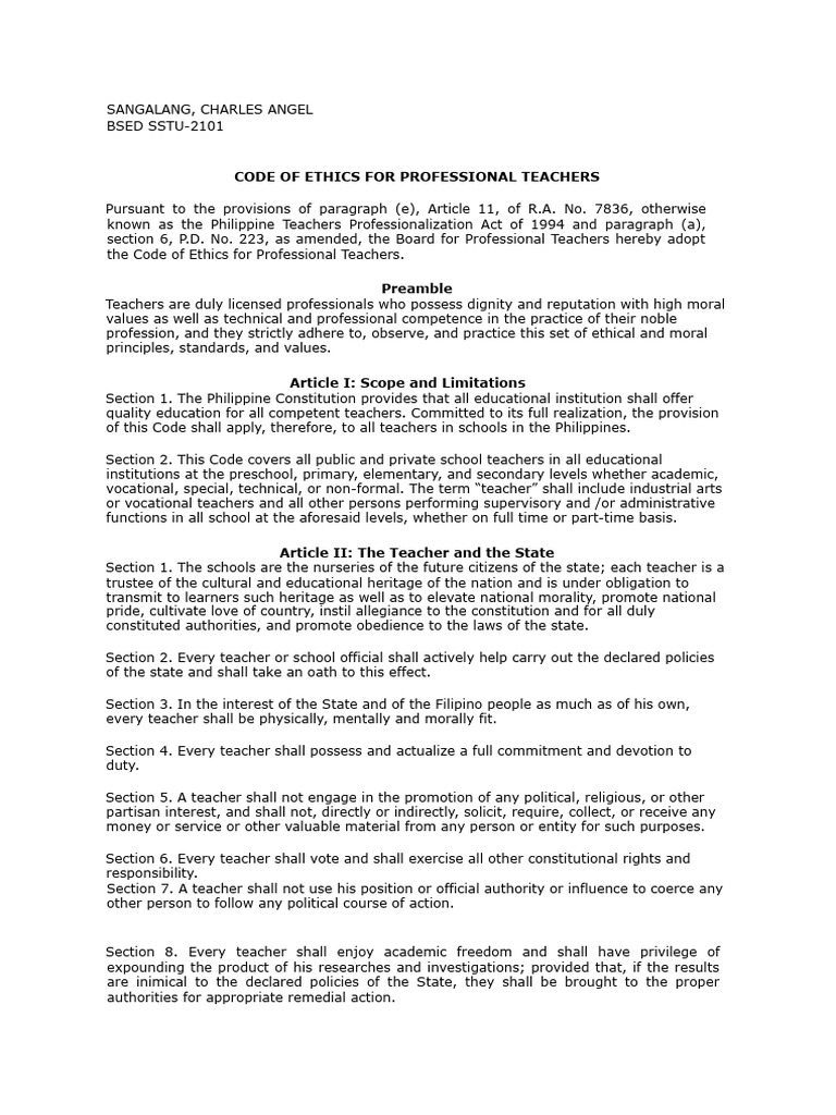 Philippine Code of Ethics for Teachers | PDF | Teachers | Justice
