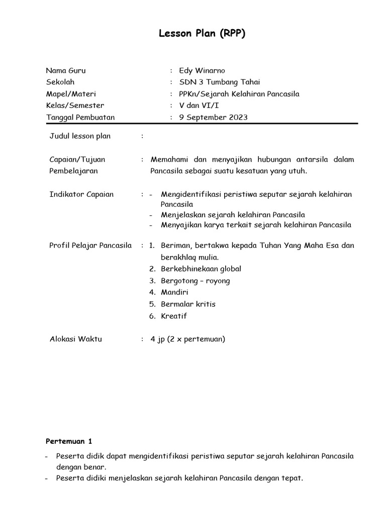 Lesson Plan - PPKN - Sejarah Kelahiran Pancasila | PDF
