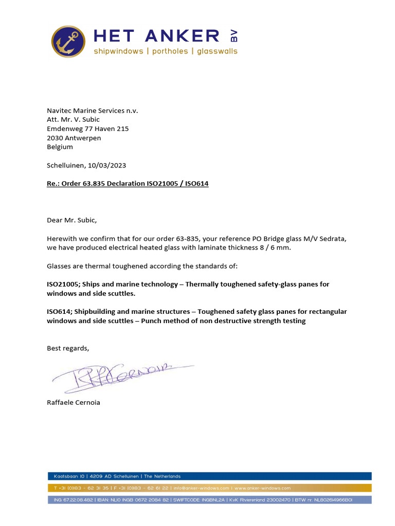 Marine Glass 63-835 Conformity Declaration ISO21005 - ISO614 Glass | PDF