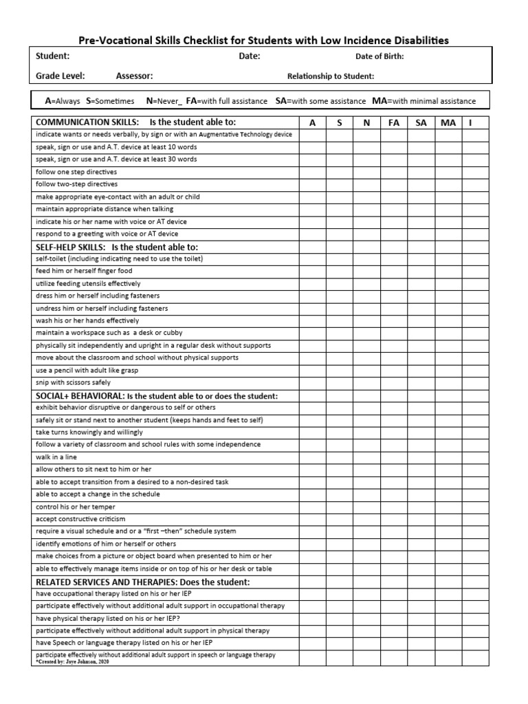 Pre-Vocational Skills Checklist For Students With Low Incidence ...