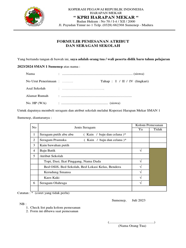 Form Pemesanan Seragam 2023 | PDF