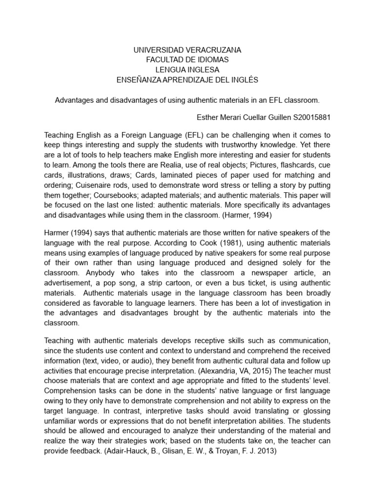 Authentic Materials in EFL Classrooms | PDF | Language Arts & Discipline