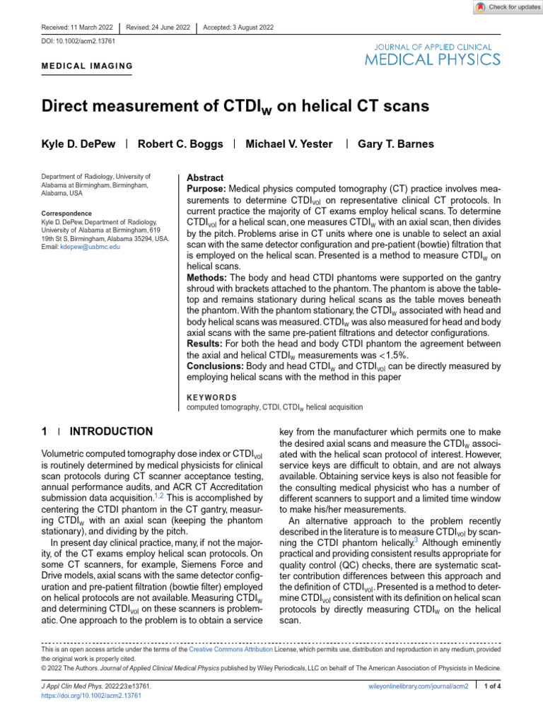 J Applied Clin Med Phys - 2022 - DePew - Direct Measurement of CTDIw On ...
