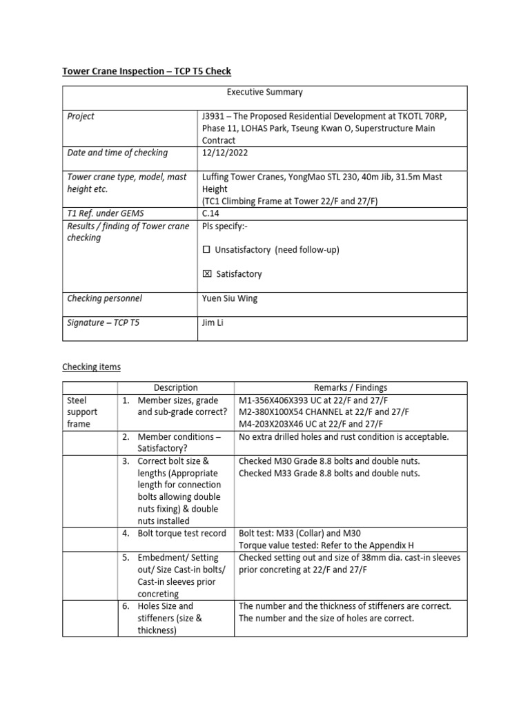 Tower Crane Inspection - TCP T5 Check | PDF | Structural Engineering ...