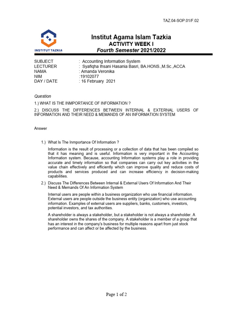 Exercise 1 Ais (19102077) | PDF | Accounting | Information