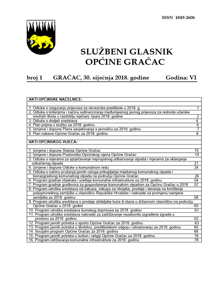 1-2018 Sluzbeni Glasnik Opcine Gracac ISSN Tablica 30.1.2018 | PDF
