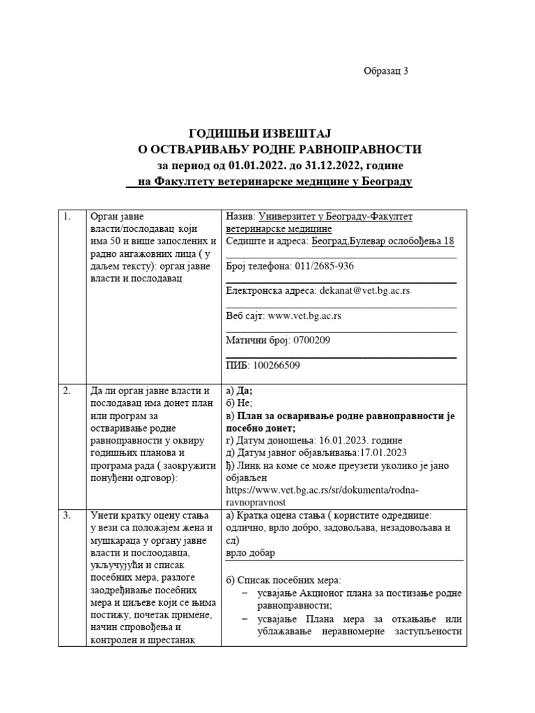 Godisnji Izvestaj O Ostvarivanju Rodne Ravnopravnosti 01 01 31 01 2022
