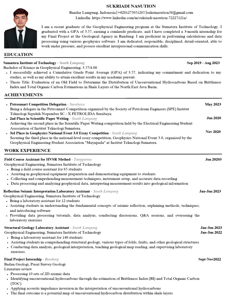 CV - Sukriadi Nasution | PDF | Geology | Reflection Seismology